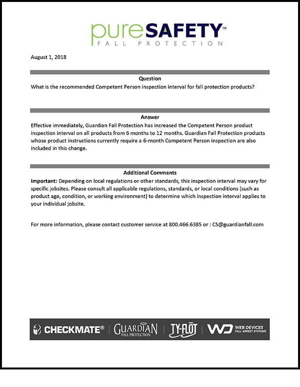 Guardian Fall Protection Inspection Interval Change - US (UK/Europe ...